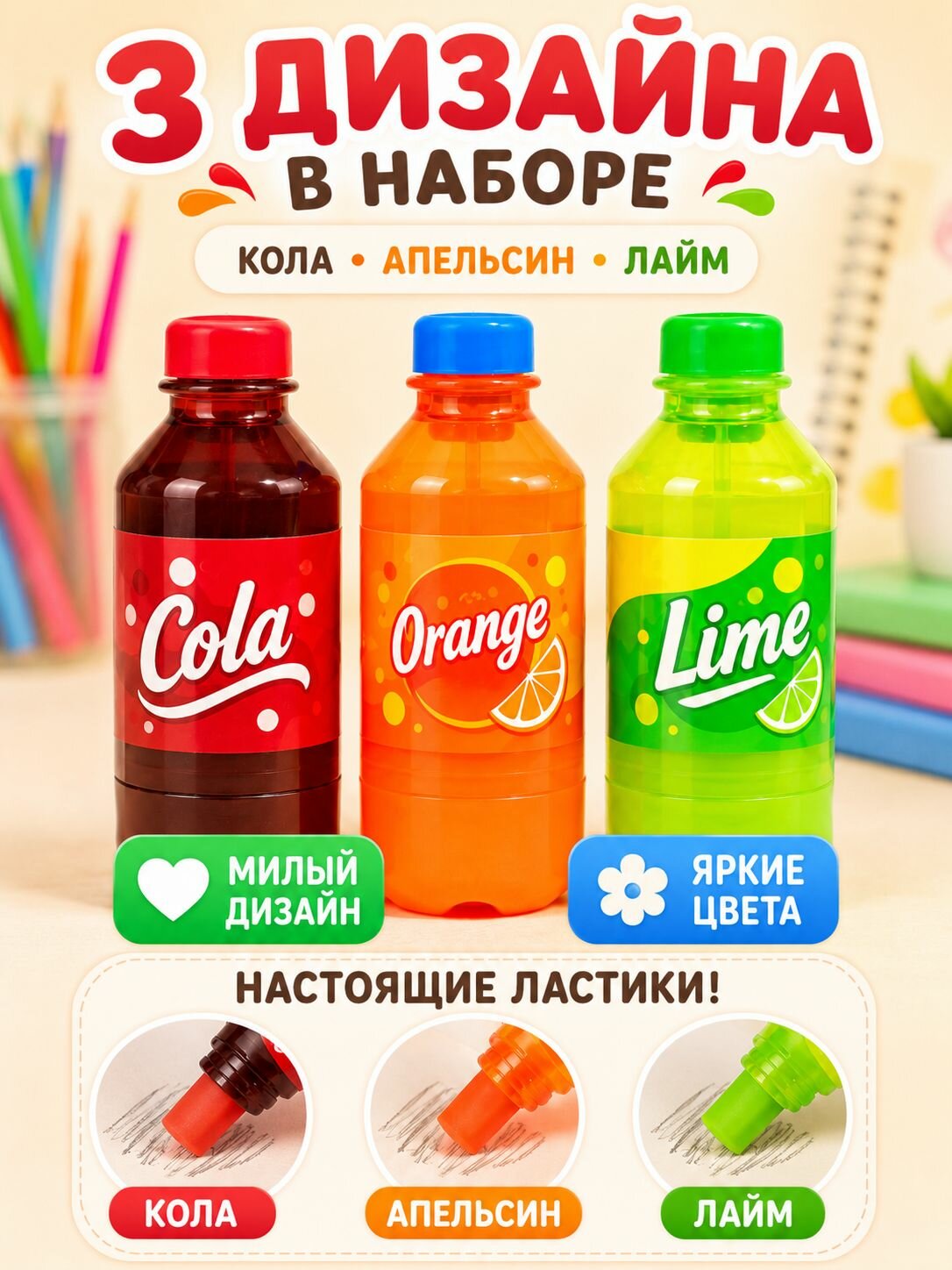 . Многофункциональный Ластик В Форме Бутылки Coca-Cola, Ароматизированный, Для Стирания, Двойного Назначения, Канцелярский, Для Студентов студенческий офисный