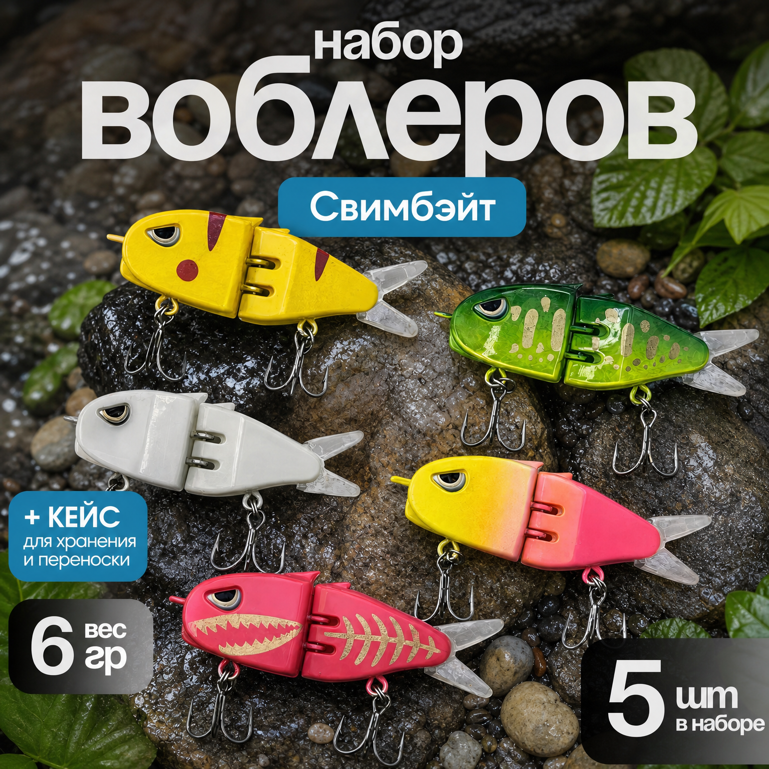 Набор для рыбалки / Свимбейт / Воблеры на щуку 5 шт / Снасти для рыбалки / Подарочный кейс (Цвет товара: светло-зеленый; Длина: 60 мм)