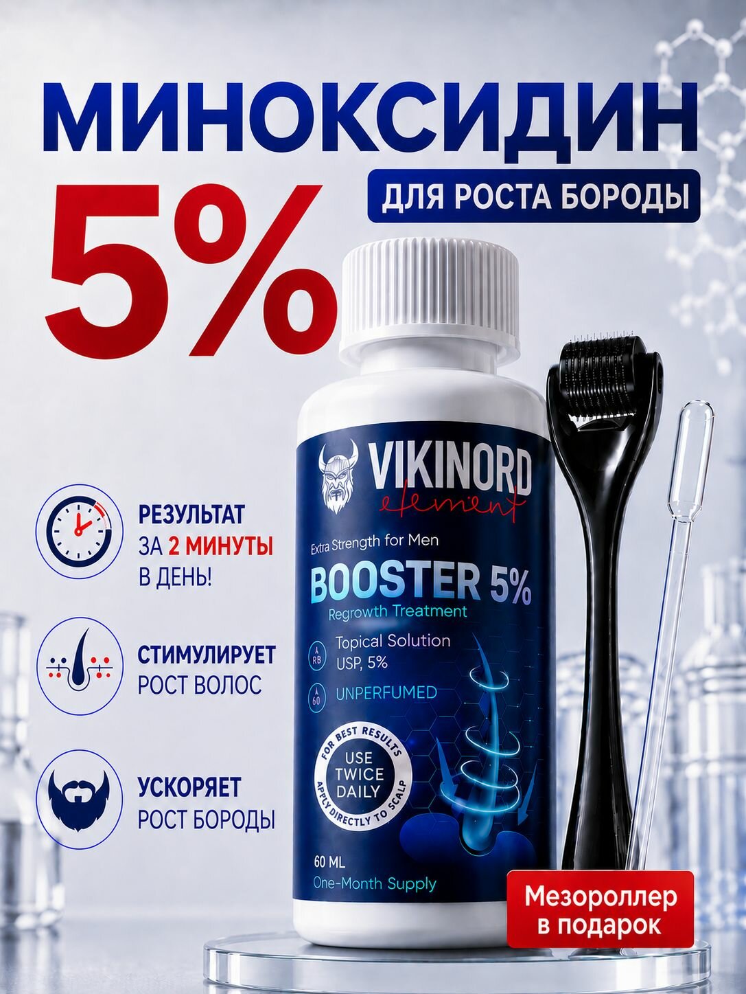 Лосьон сыворотка бустер 5% для роста бороды и волос с мезороллером Vikinord