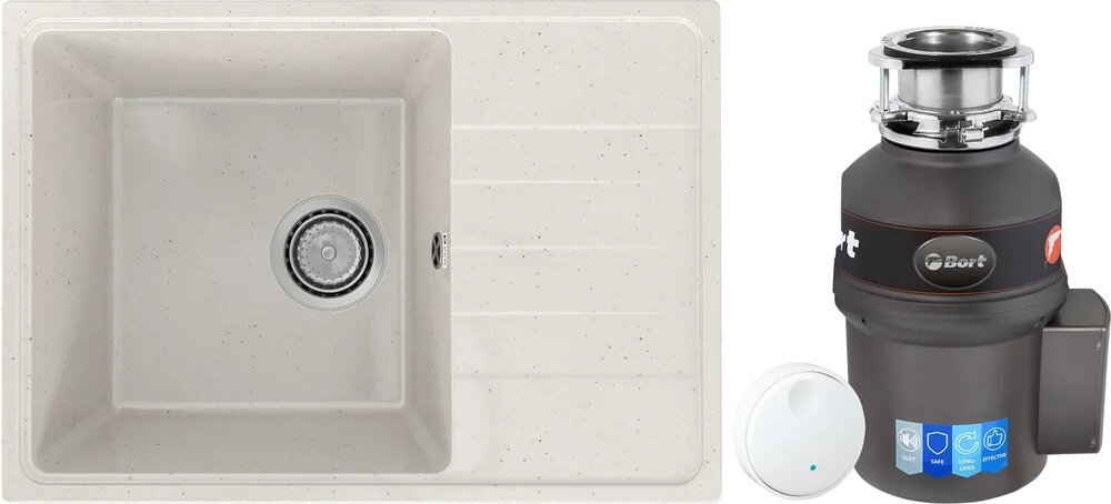 Комплект Мойка Practik PR-M 600-001 60x42, белый камень, искусственный мрамор / Измельчитель Bort Titan 9000 электрический, нержавеющая сталь