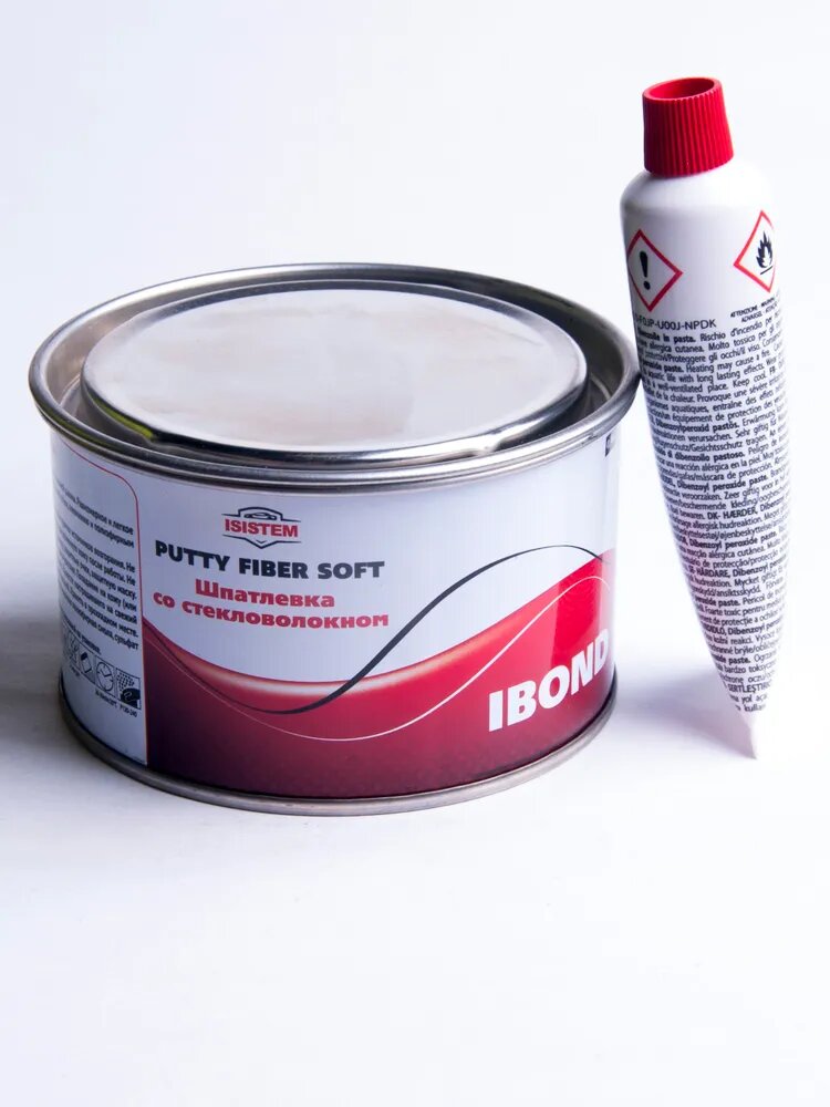 Шпатлевка со стекловолокном, автомобильная IBOND PUTTY FIBER SOFT, банка 0,4 кг, с отвердителем.