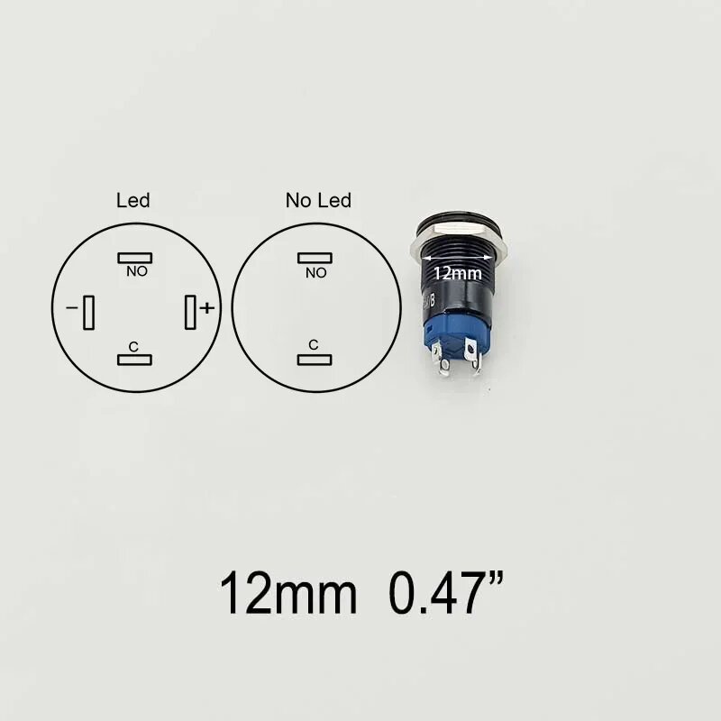 Водонепроницаемый электрический кнопочный выключатель Latching Fix, 12mm Black, Blue Led, 12-24V