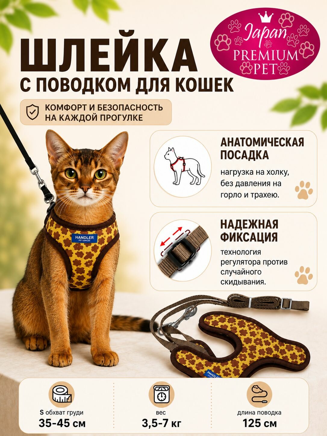Шлейка с поводком комплект для кошек Japan Premium Pet принт жираф , размер S