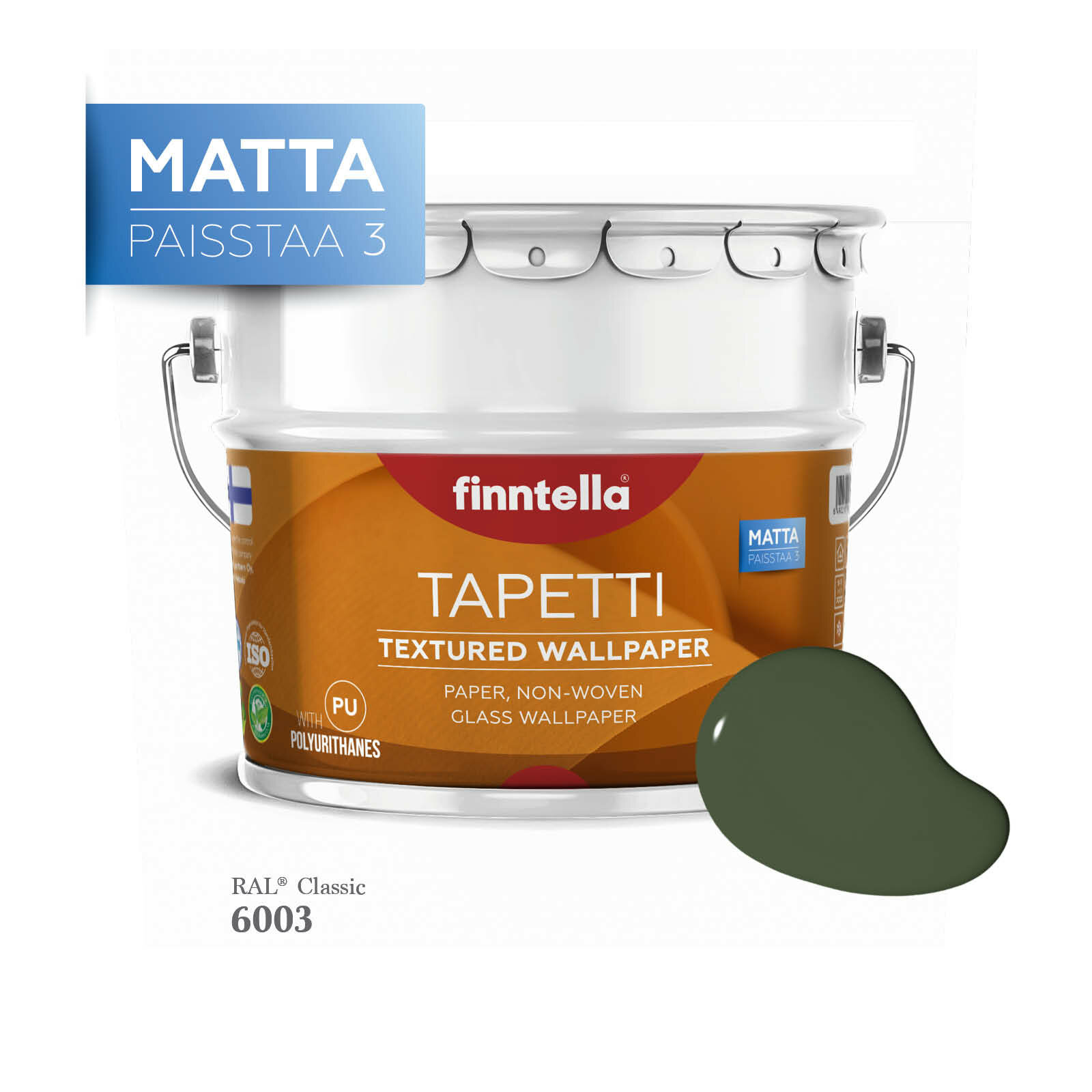 Матовая краска для обоев под окраску TAPETTI Matta FINNTELLA, Цвет RAL 6003 Оливково-зеленый (Olive green), 9л