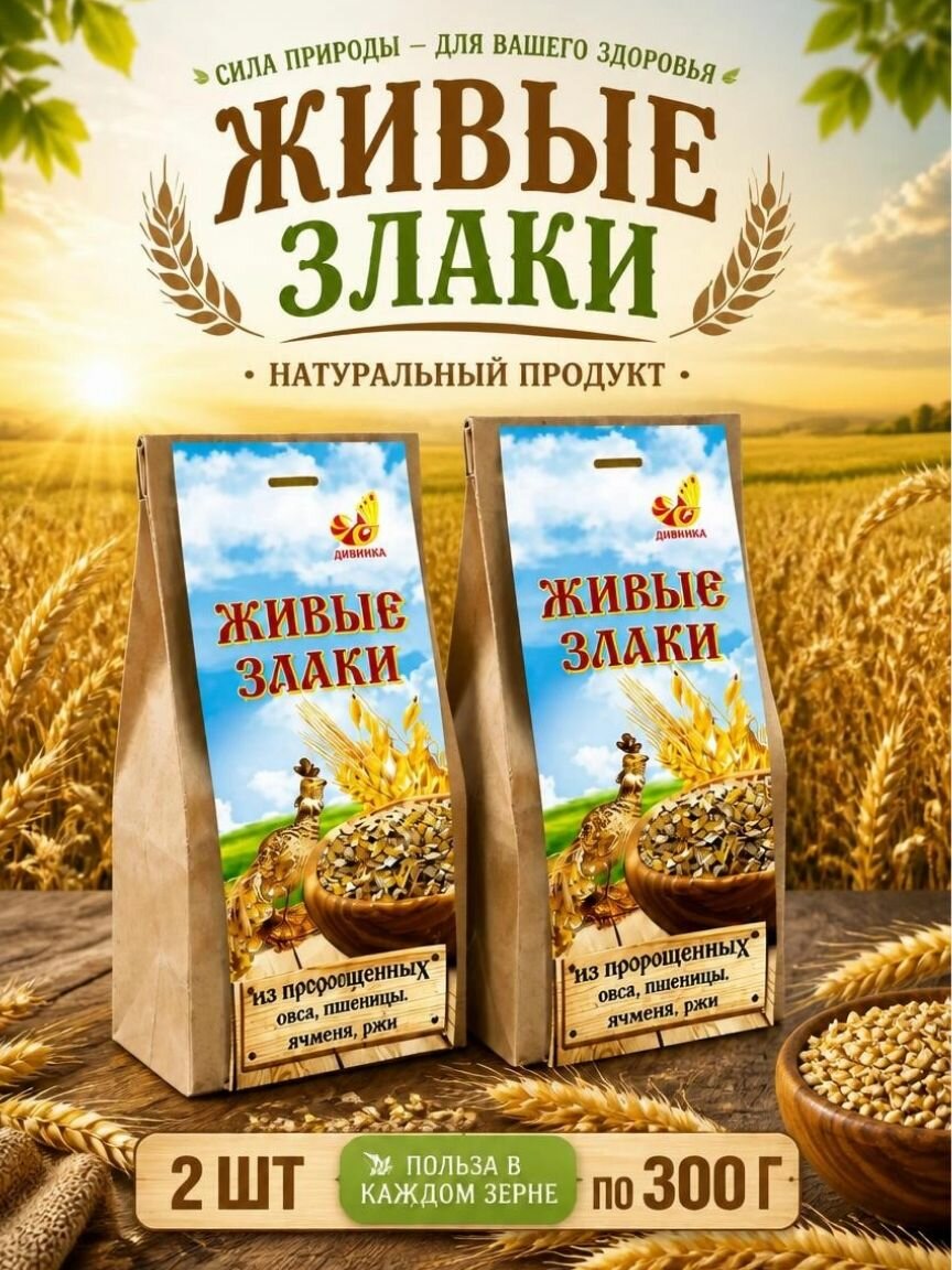 Хлопья Дивинка живые злаки из овса, пшеницы, ячменя, ржи 2 шт по 300 гр