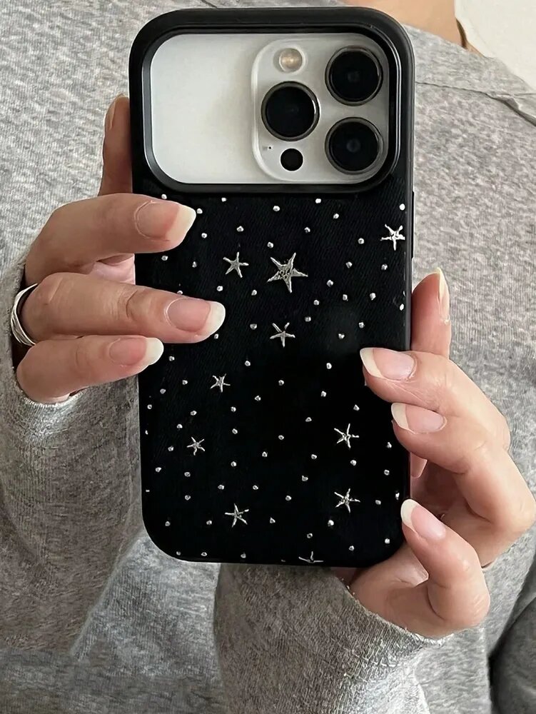 Чехол для iPhone 17 Pro Max 16 Pro Max 15 Pro 14 черный деним с пайетками мягкий ударопрочный осень зима