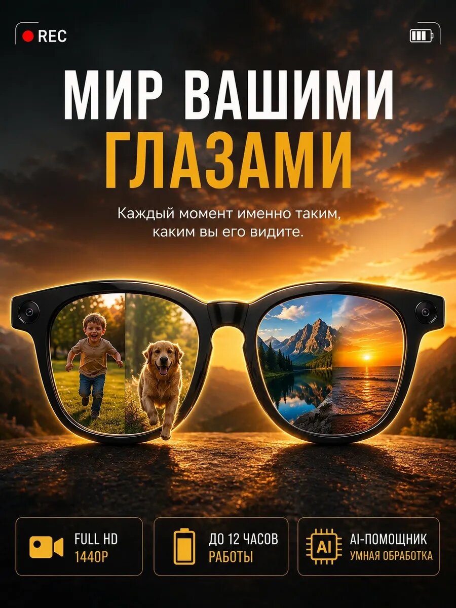 Очки-камера "AI-ассистент", беспроводные, HD, Full HD 1080p, Bluetooth