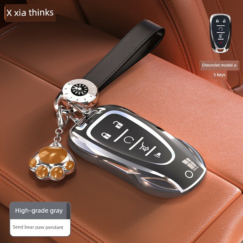 Премиум-кассета для ключей Chevrolet для Malibu XL, Trax, Blazer - 5 кнопок, темно-серый с кожаным ремешком,