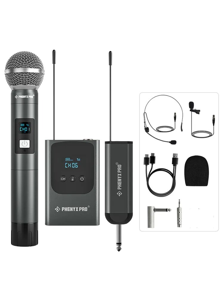 Phenyx Pro Микрофон концертный Беспроводная цифровая система с двумя динамическими ручными микрофонами, рюкзачным передатчиком, мини-приёмником и гарнитурным/петличным микрофоном для вокала Phenyx Pro PDP-2-1H1B, светло-розовый