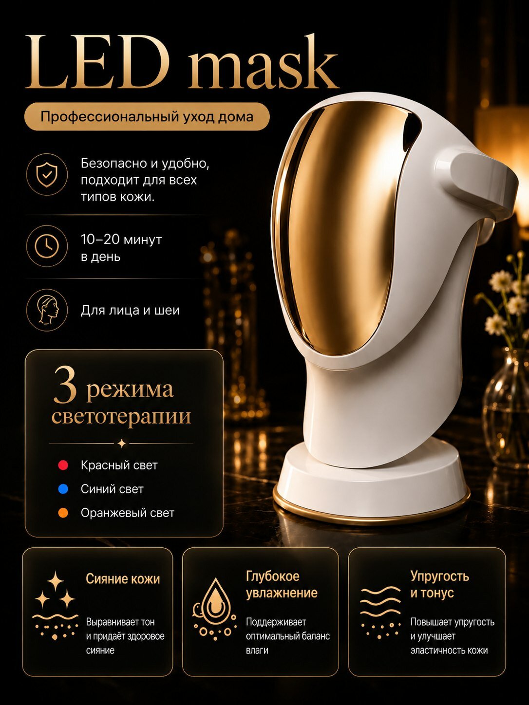 LED маска светодиодная для лица, шеи и декольте премиум, от морщин и акне, фототерапия, 3 режима, беспроводная,