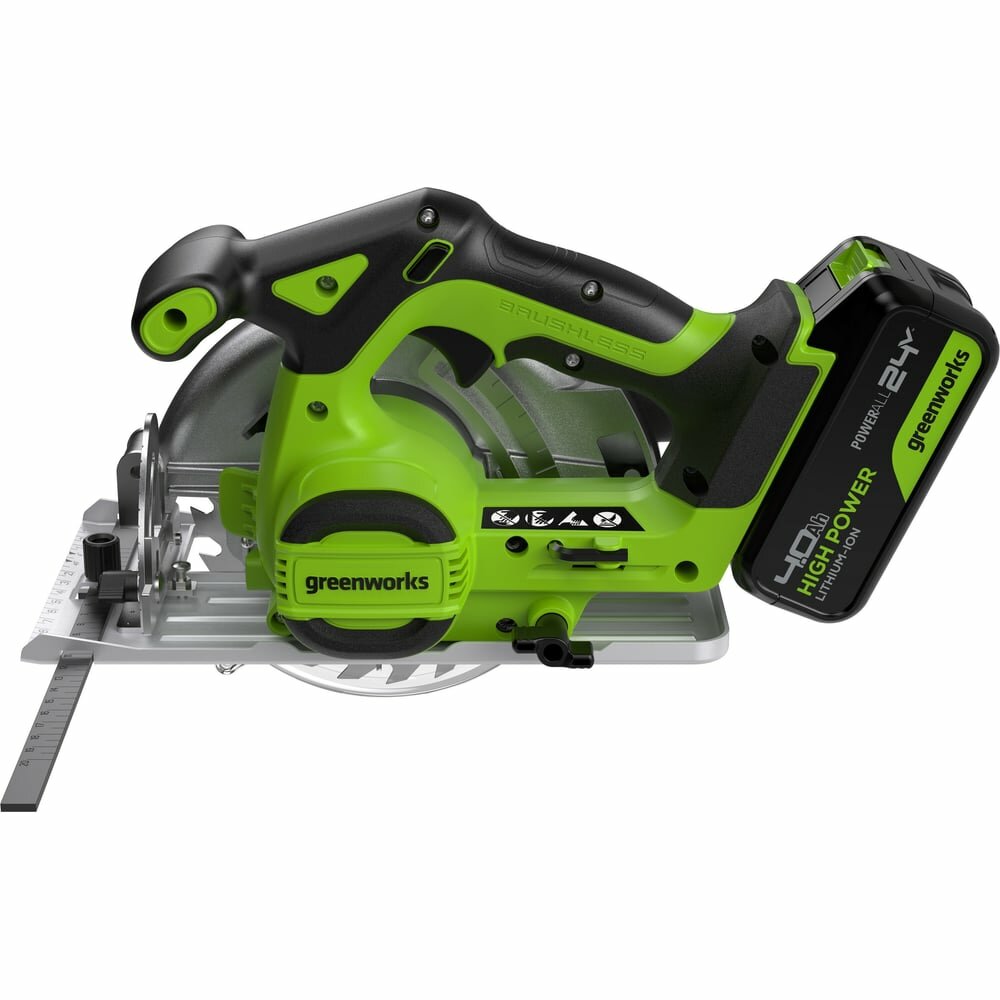 Дисковая пила GreenWorks GD24CS165, 24V, б/щет, диск 165х20мм, 4800об/мин, рез 57мм, 1x4Ач, ЗУ, коробка 1501607VUB