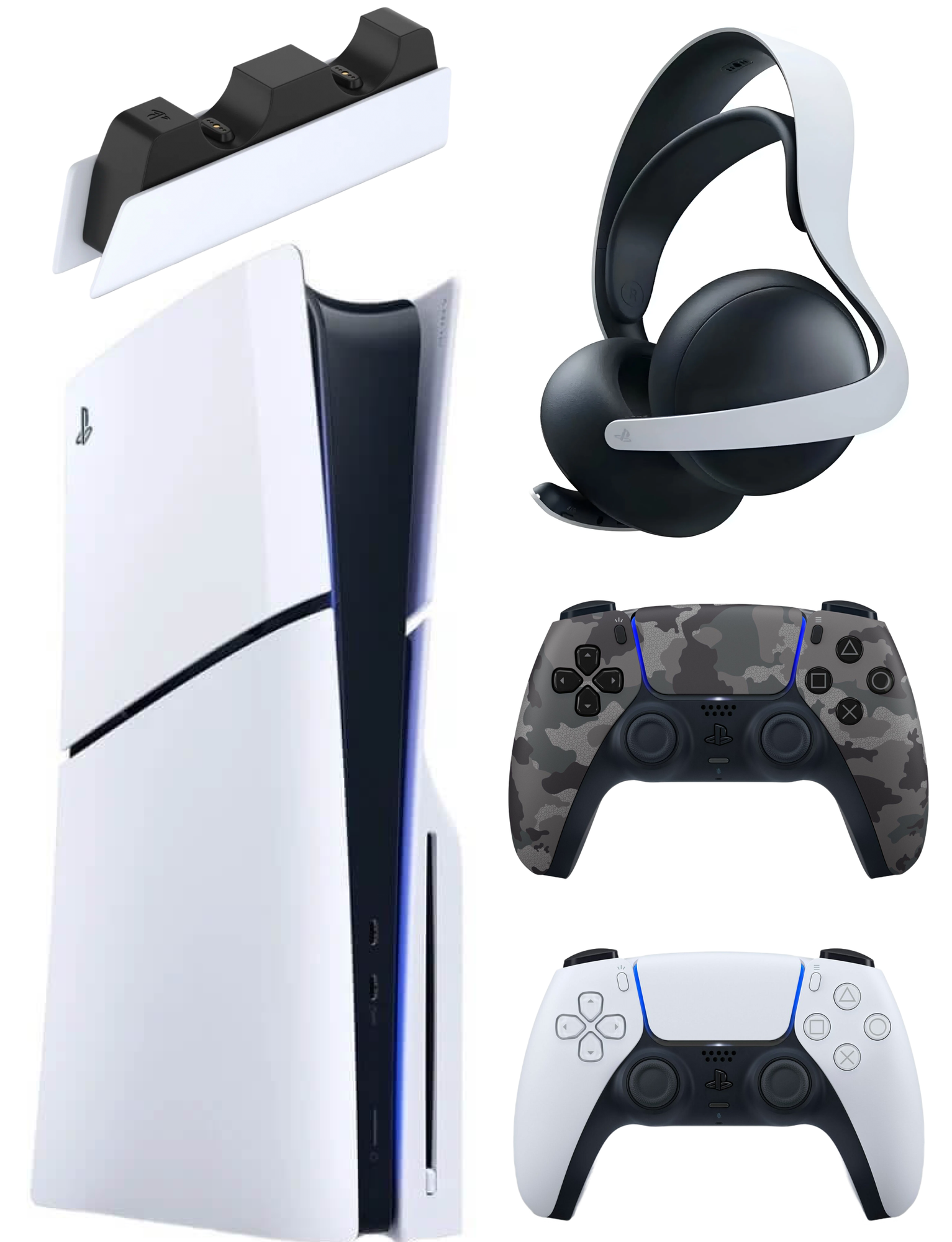Игровая приставка Sony PS5 Slim Disc 1TB (c дисководом)+2-ой геймпад+зарядная станция и наушники Pulse Elite White