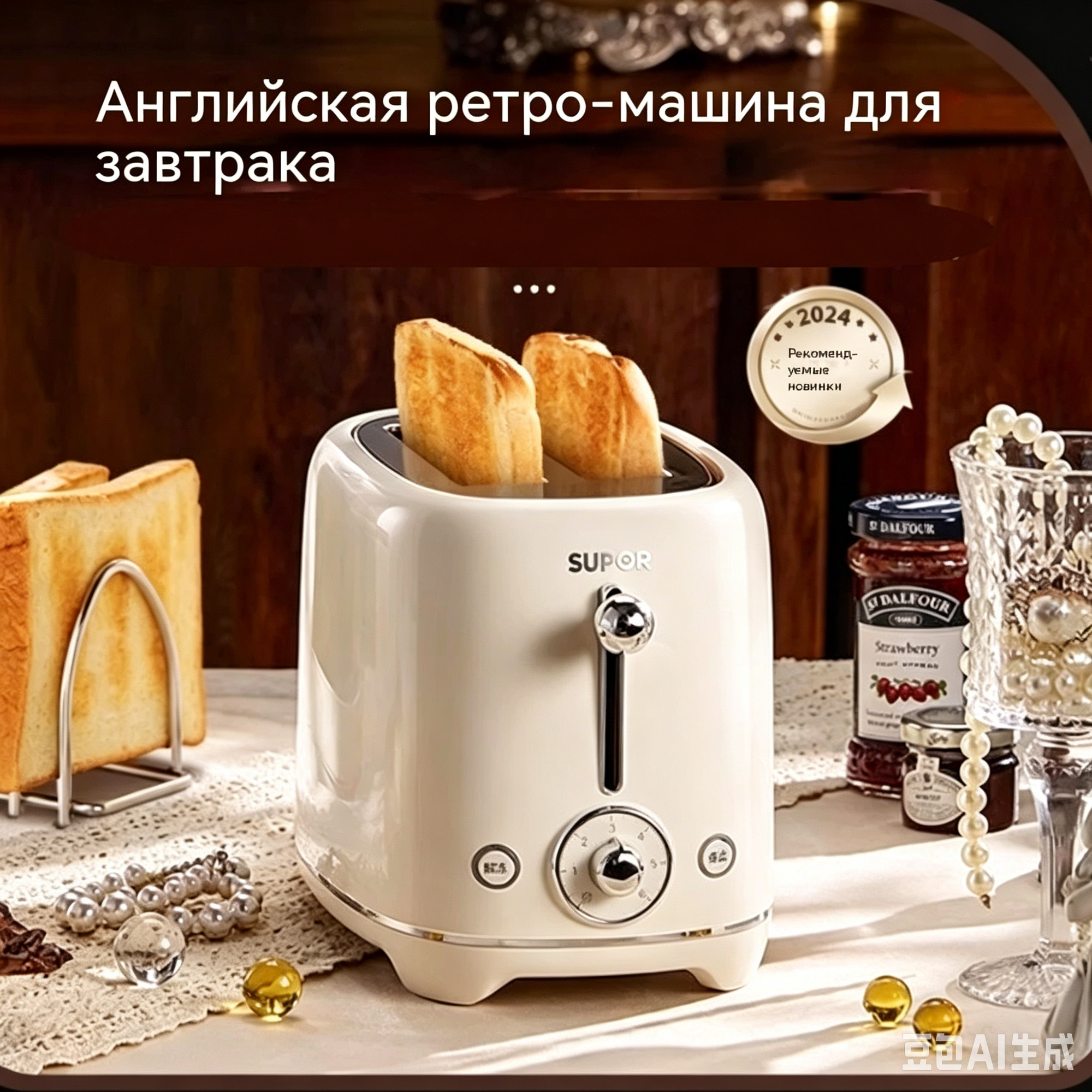Тостер Supor "British Retro", бежевый, автоматическое поднятие тостов, 900 Вт