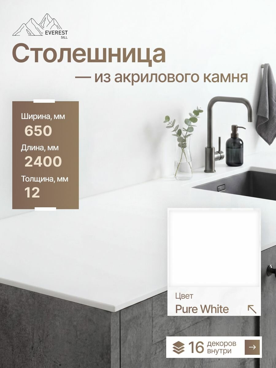 Столешница из искусственного камня 2400x650x12мм Pure White глянцевый
