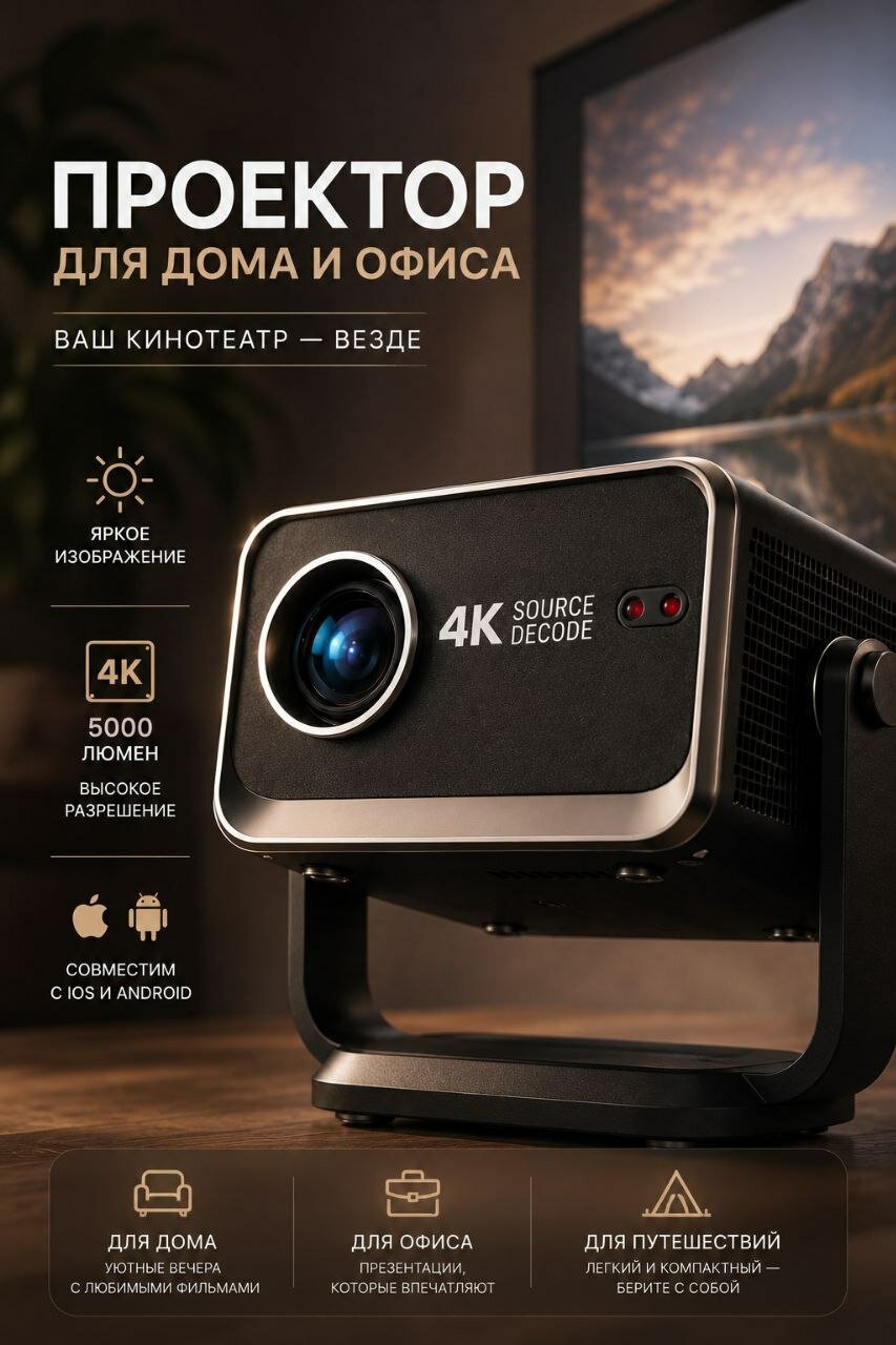 Проектор для домашнего кинотеатра "Новинка 2026", Full HD, с автофокусом, Wi-F