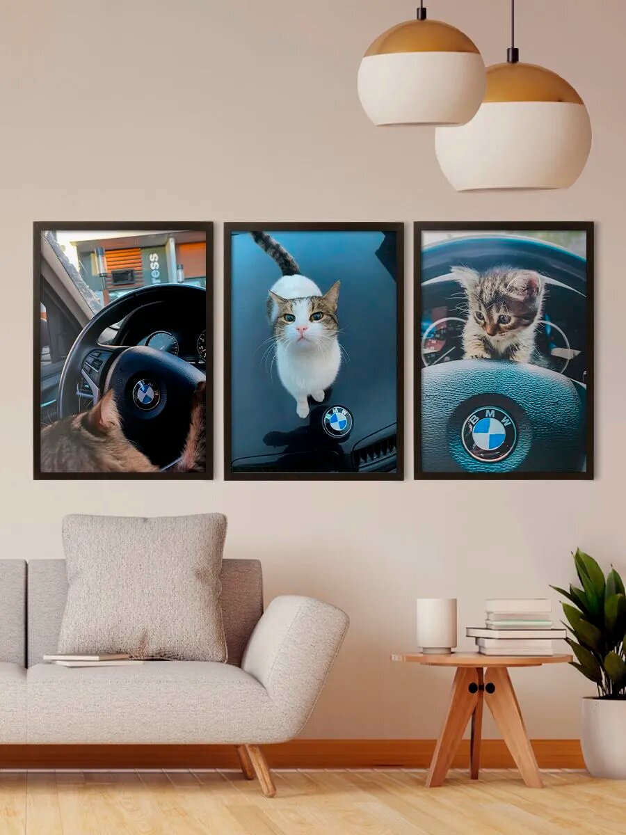 Постер 3 шт 40х30 BMW и коты для интерьера