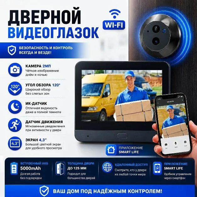 Беспроводной дверной видеоглазок wi-fi 300PD1, с датчиком движения, угол обзора 120 градусов, TUYA, инфракрасные датчики, домофон, умный дом