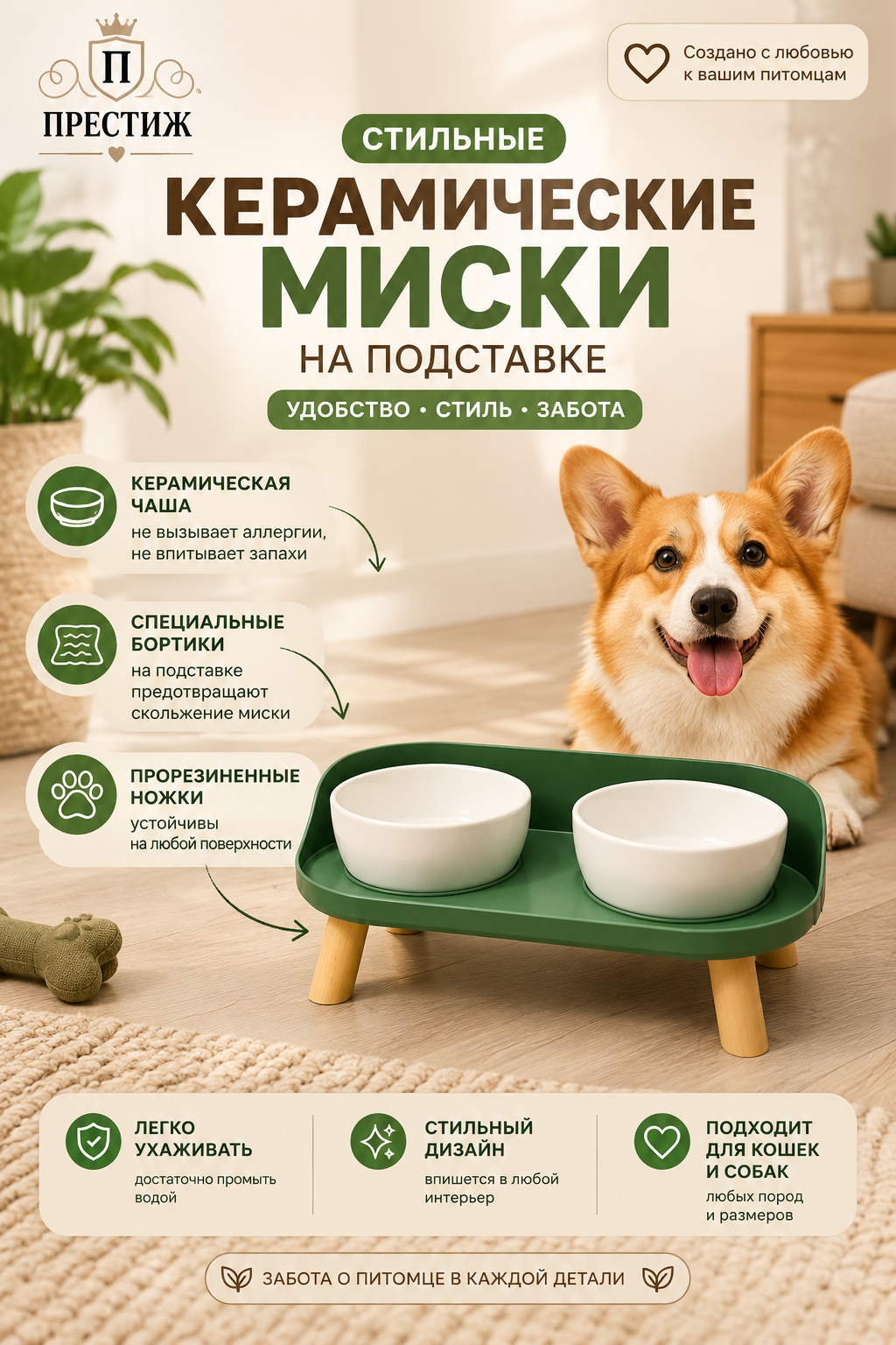 Миски COSIHALL для кошек и собак, керамика, 2шт, на подставке