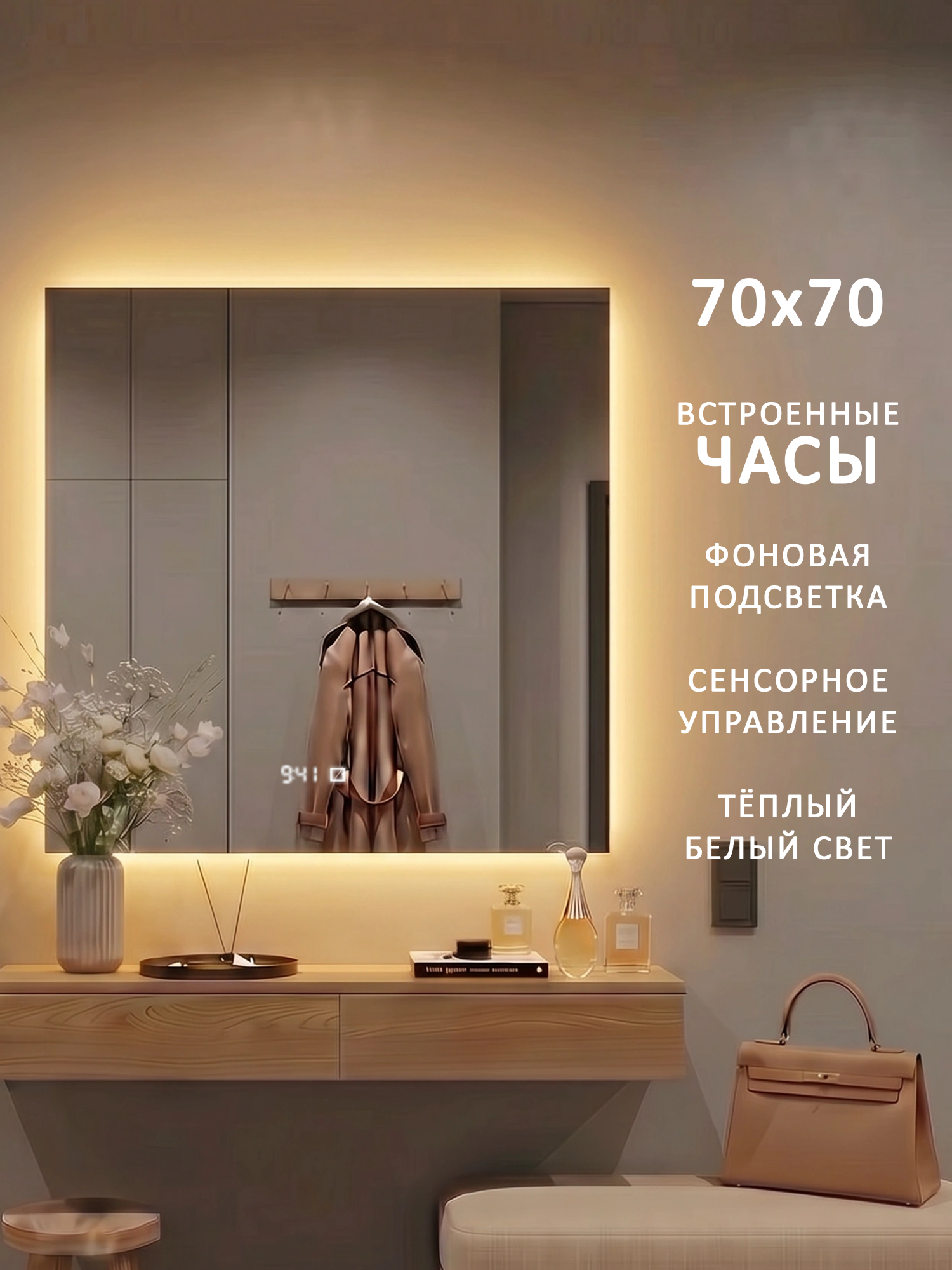 Зеркало настенное в прихожую Alias Квартал 70*70, тёплая LED-подсветка, часы