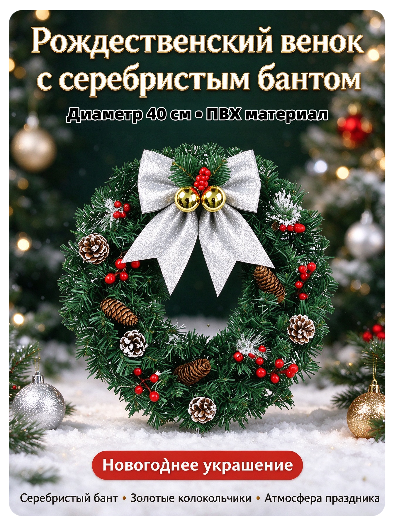 Рождественский венок，Рождественский венок из лозы，диаметр 40 см, (без подсветки)