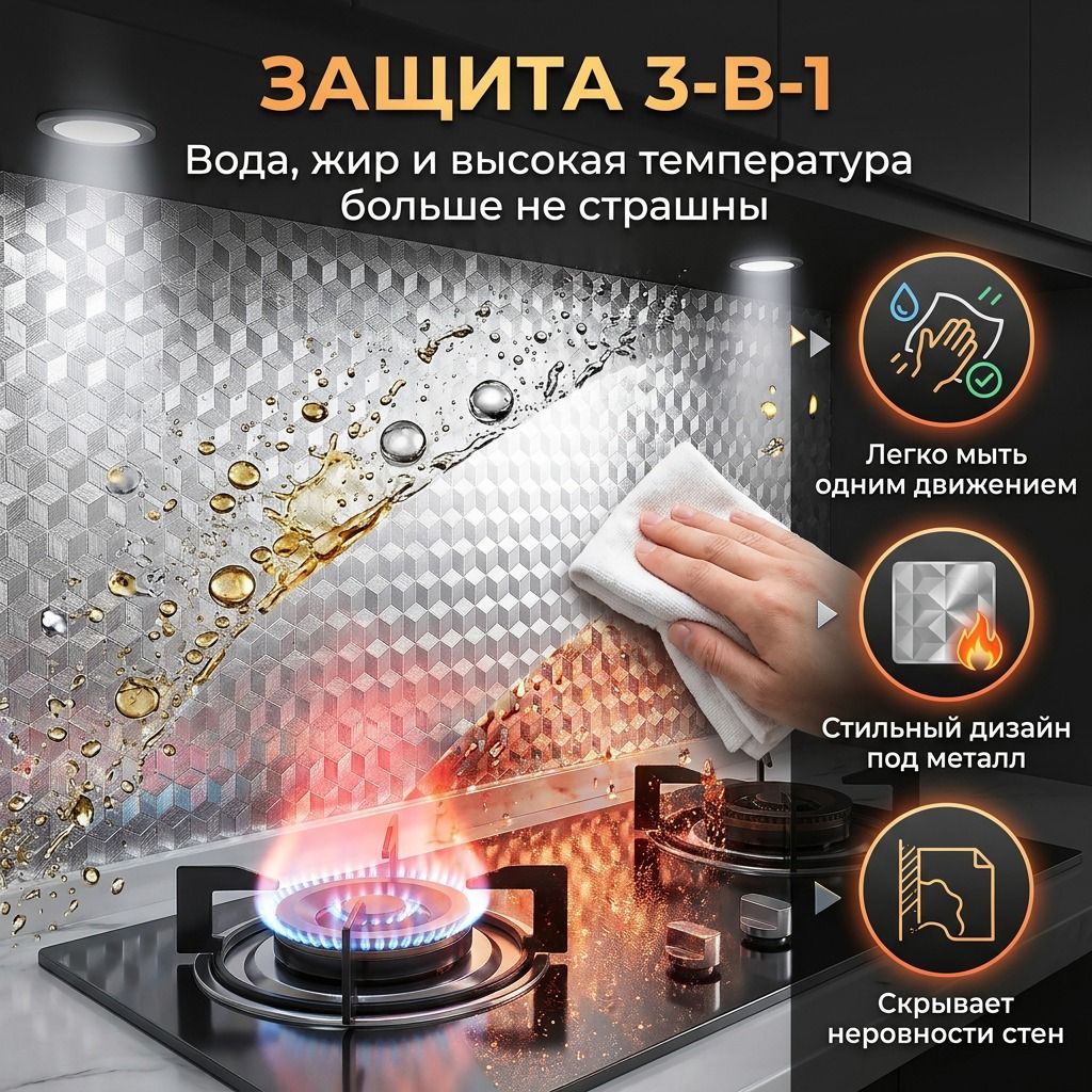 Самоклеящаяся пленка для кухни алюминиевая антижировая на фартук столешницы