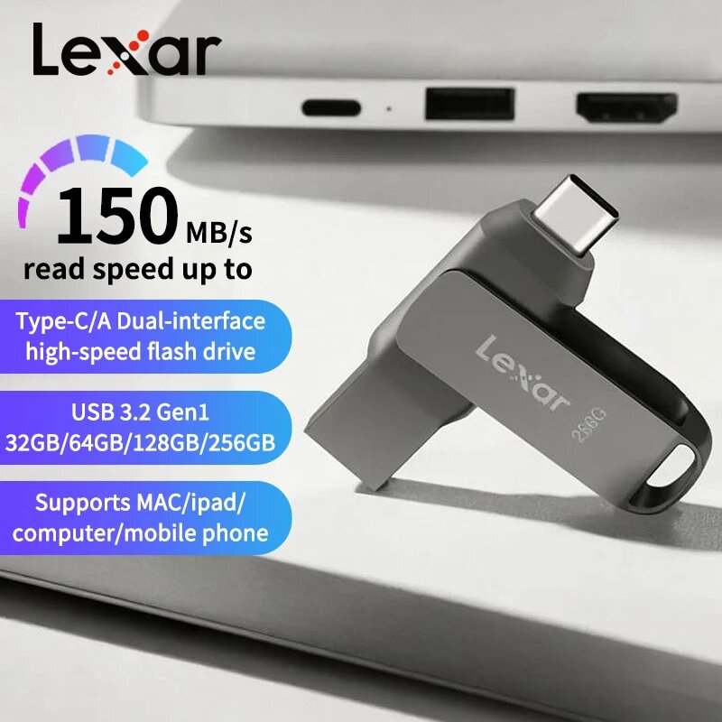 Lexar USB 3.2 Metal Flash Drive D400 OTG для iPhone 15 128 ГБ
