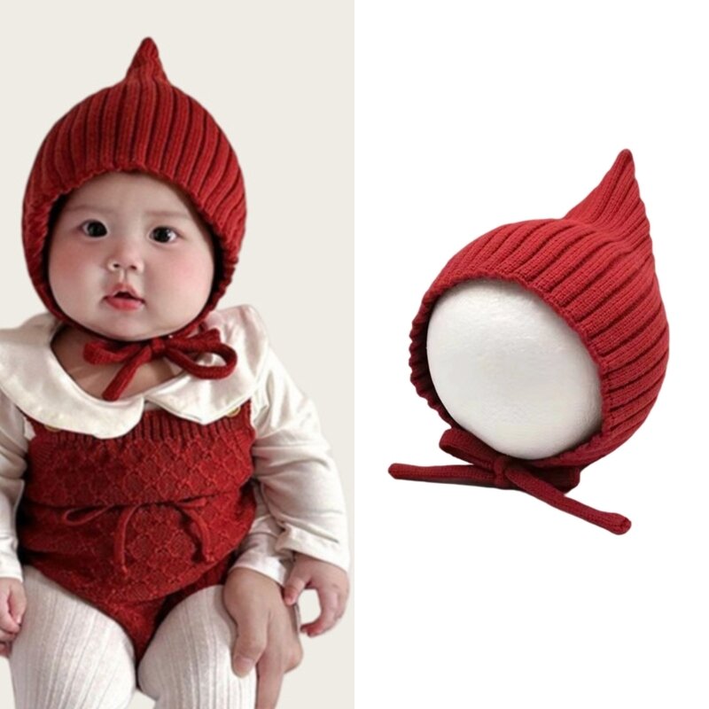 Весенне-осенняя детская вязаная шапочка с эльфом-красный