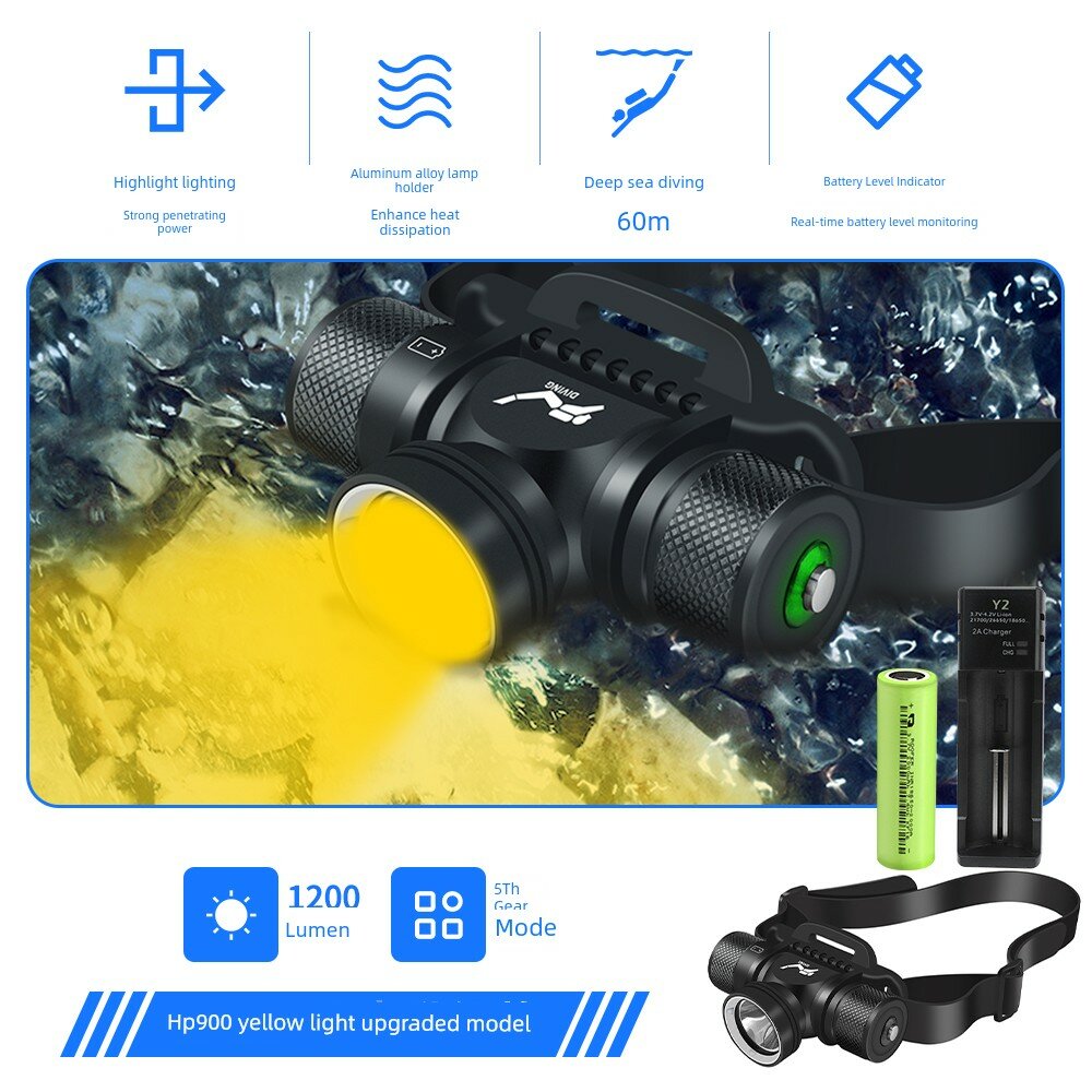BORUIT HP900 Водонепроницаемый головной фонарь для дайвинга с желтым светом, батарея 21700 (4000 мАч) и зарядное