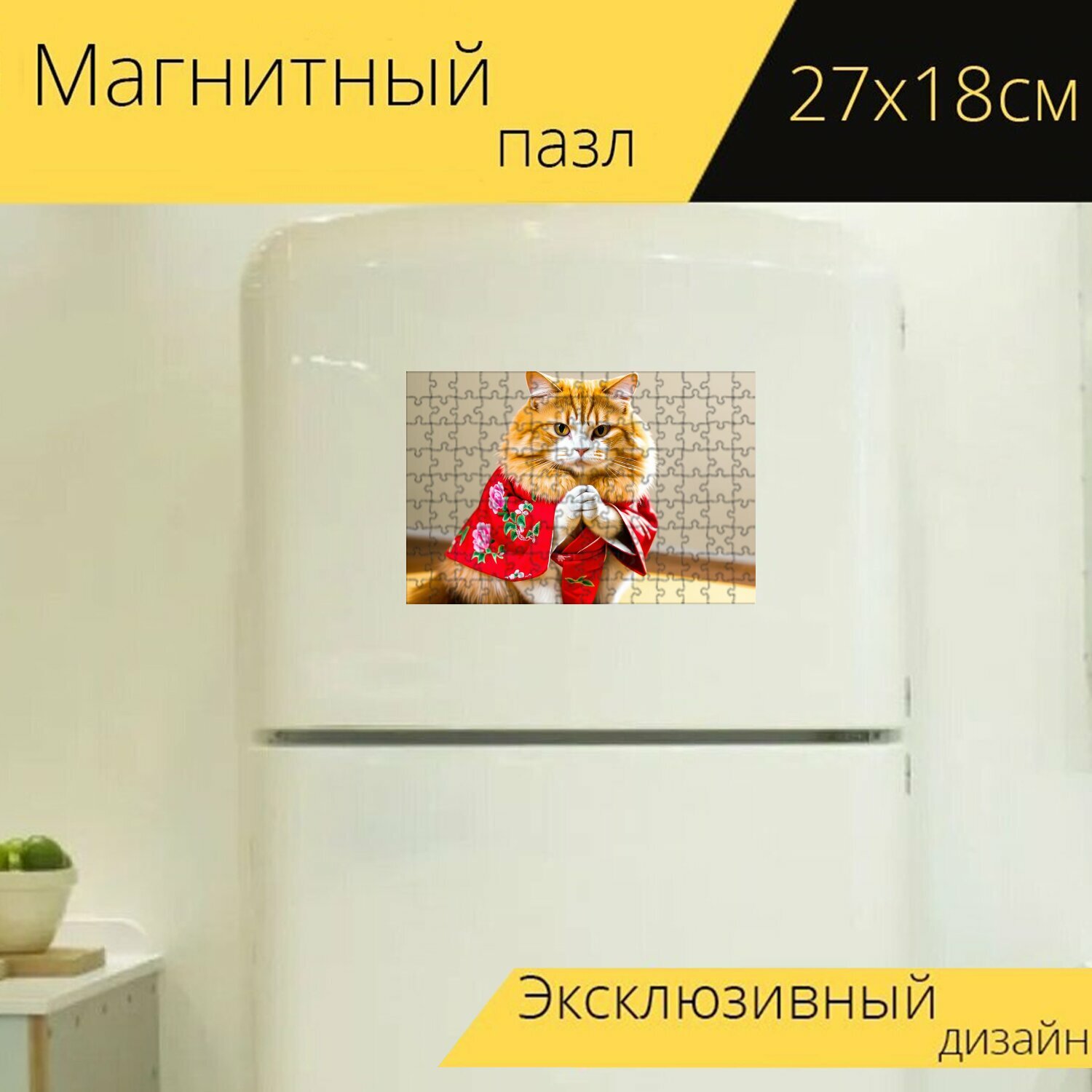 Магнитный пазл "Кошка с оранжевой шерстью сидит на татами, в длинном китайском халате кимоно, сложив лапки в молитвенном жесте. Она одета в яркий красный." на холодильник 27 x 18 см.