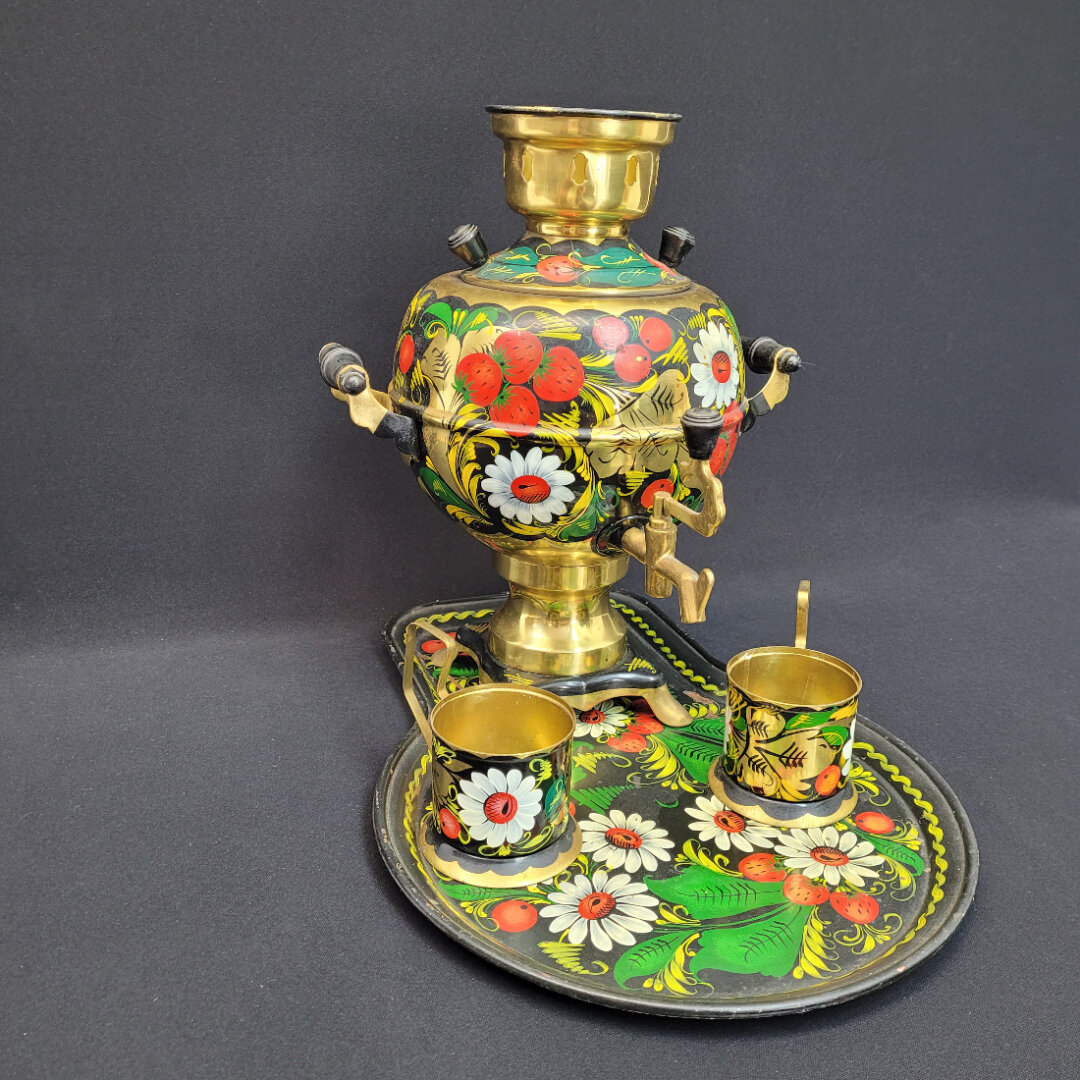 Самовар электрический с подносом и подстаканниками, роспись 3 л, винтаж СССР