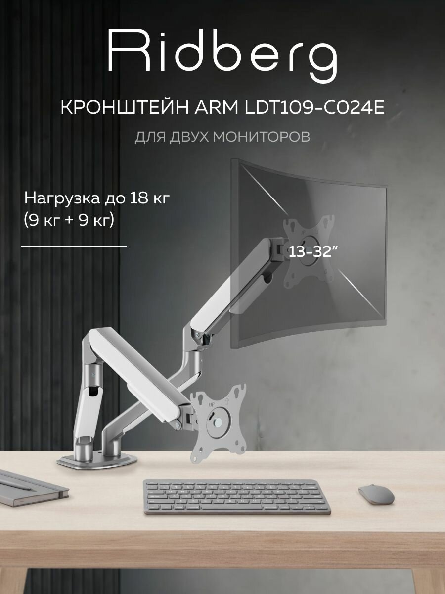 Кронштейн для монитора Ridberg Monitor Arm LDT109-C024E (Silver/White)
