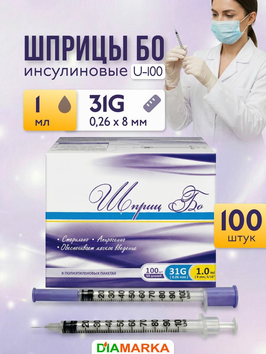 Шприц инсулиновый БО, 1 мл, U-100, 31G (0,26 x 8 мм), 100 штук, медицинский, для ботокса