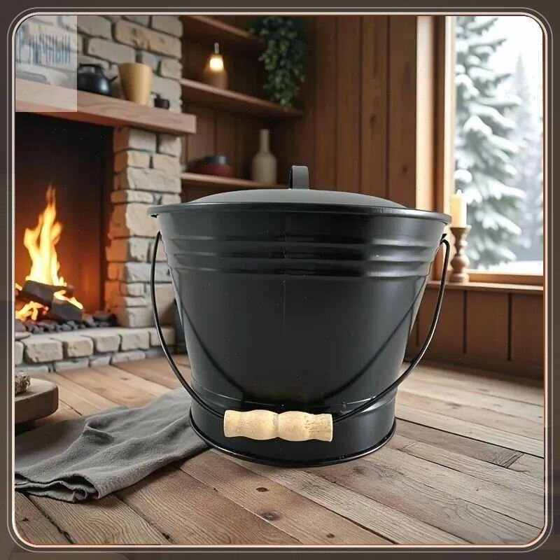 Ведро для золы с крышкой и деревянной ручкой металлическое зольное ведро для камина, печи и гриля