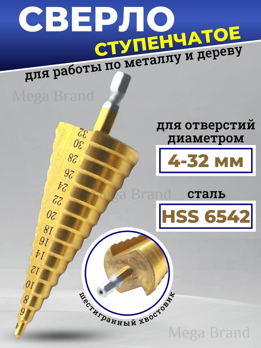 Ступенчатое сверло 4-32мм с титановым покрытием по металлу