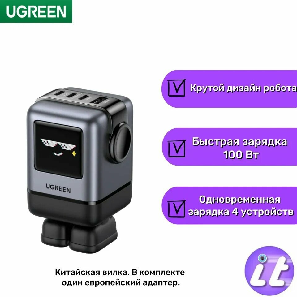 Зарядное устройство UGREEN Display Robot 100W GaN с поддержкой быстрой зарядки PD и отображением уровня заряда в реальном времени.