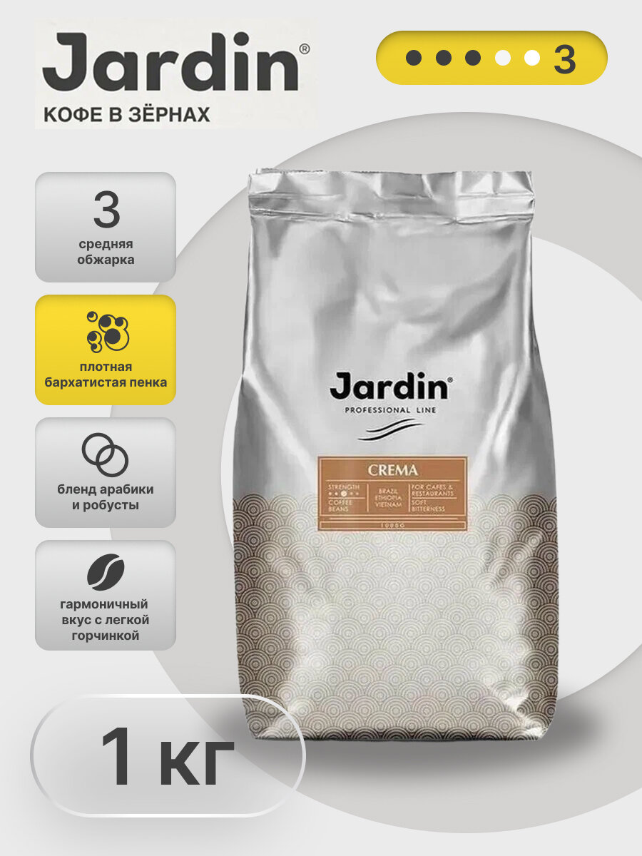 Кофе в зернах "Jardin Crema", 100% натуральный, арабика 60%, робуста 40%, средняя обжарка, 1кг