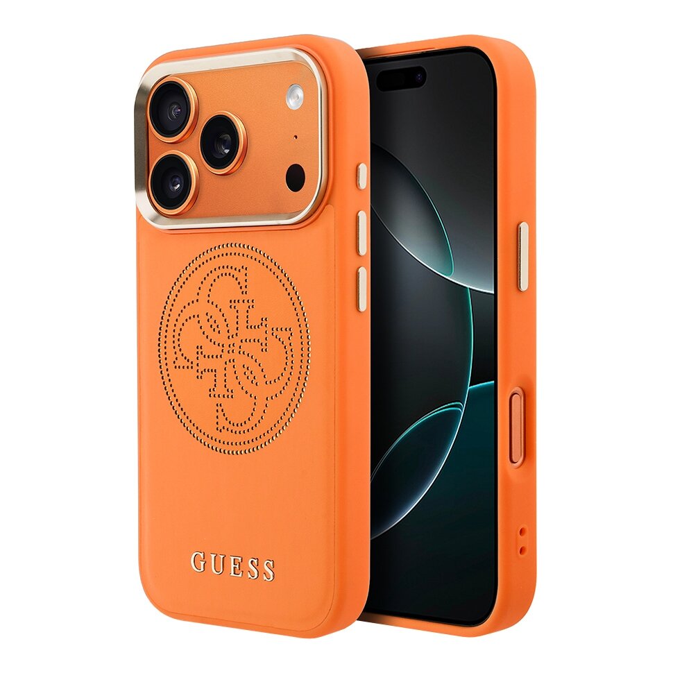 Guess чехол с MagSafe для iPhone 17 Pro, PU кожа с перфорацией 4G logo, с защитой камеры, оранжевый