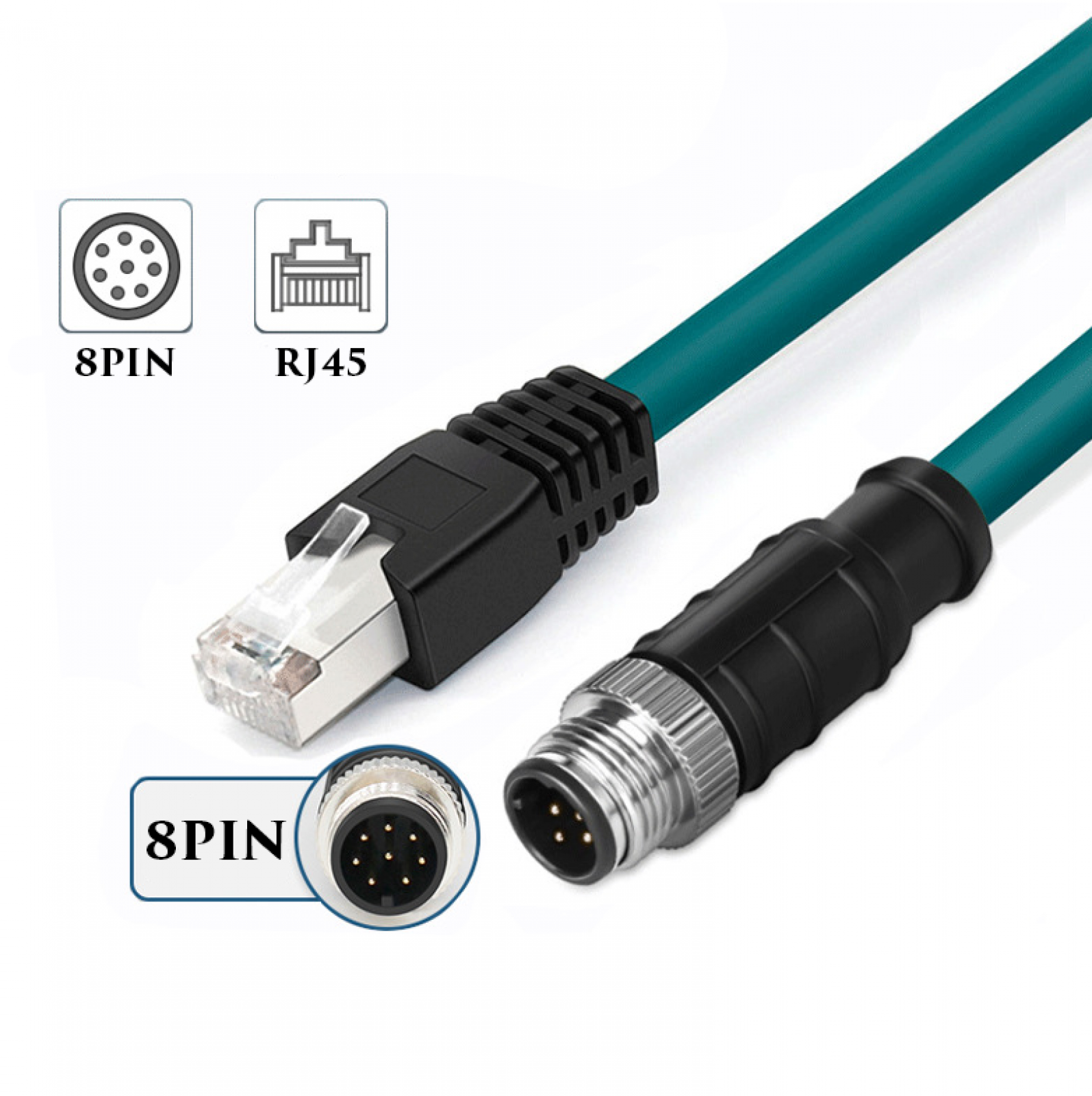 Кабель интернет Ethernet MyPads с разъемами M12 8-Pin и RJ45 8-Pin, внутренняя резьба IP67, 8 жил, темно-зеленый