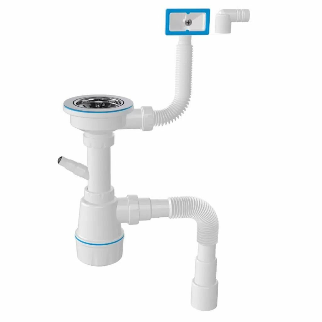 Сифон для мойки Aquanova 3 1/2" с прямоугольным переливом и гибкой трубой 40/50 мм, белый, артикул 1047 (А0145S)