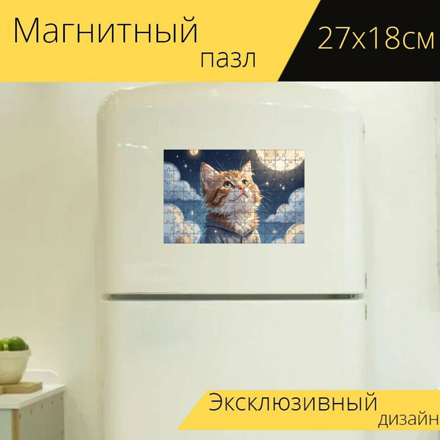 Магнитный пазл "Мечтательный кот среди облаков. Трогательный пушистый питомец в синей одежде смотрит вверх на луну и звезды, вокруг мягкие облака. Нежная." на холодильник 27 x 18 см.