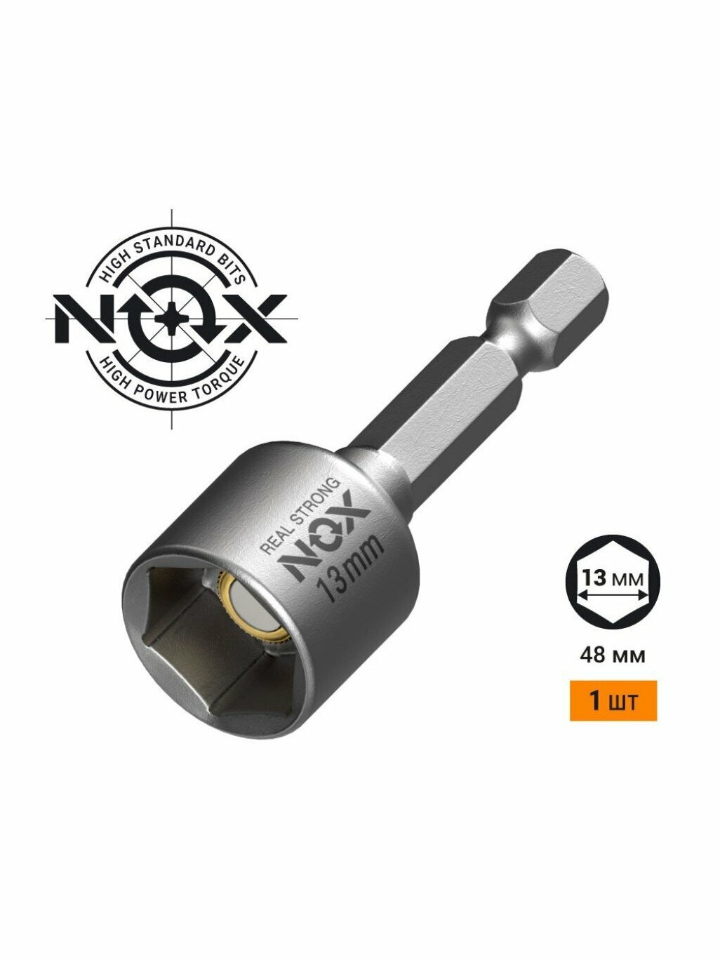 Ключ-насадка для кровельных саморезов Nox 13х48 мм с магнитным адаптером, 1 шт.