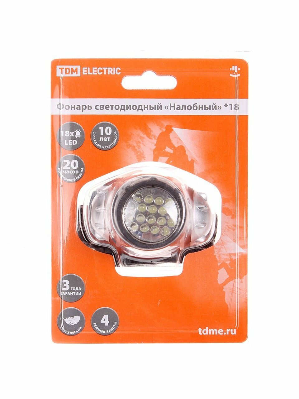 Фонарь налобный TDM Electric SQ0350-0004 светодиодный, 18 LED, 4 режима работы, ударопрочный корпус, легкий, 120 г