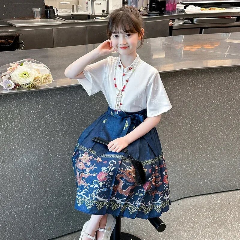 Детский ханьфу костюм с изображением лошади Hanfu 150, Темно-синий, 2-short blue 2PC
