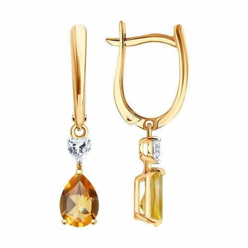 Серьги, красное золото, 585 проба, цитрин, фианит