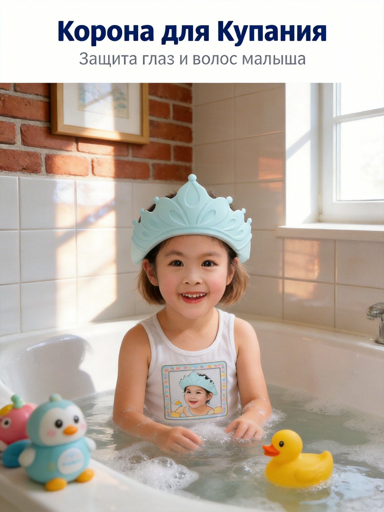 Шапочка-ободок для купания и мытья головы, детский защитный козырек для стрижки Корона регулируемый с застежкой, зеленый