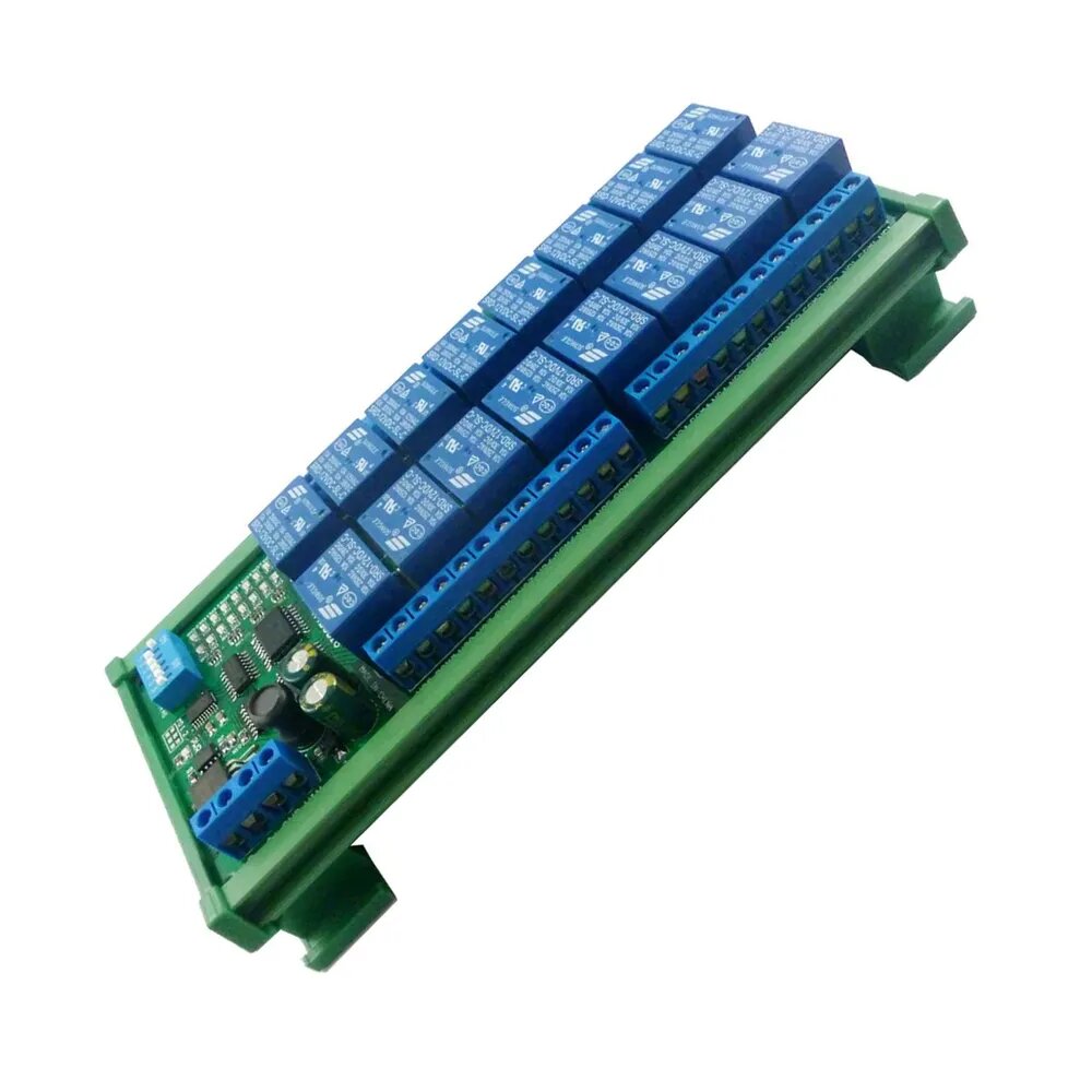 16-канальный модуль реле RS485 Modbus RTU UART 12В DC в корпусе для рельсы DIN35/C45
