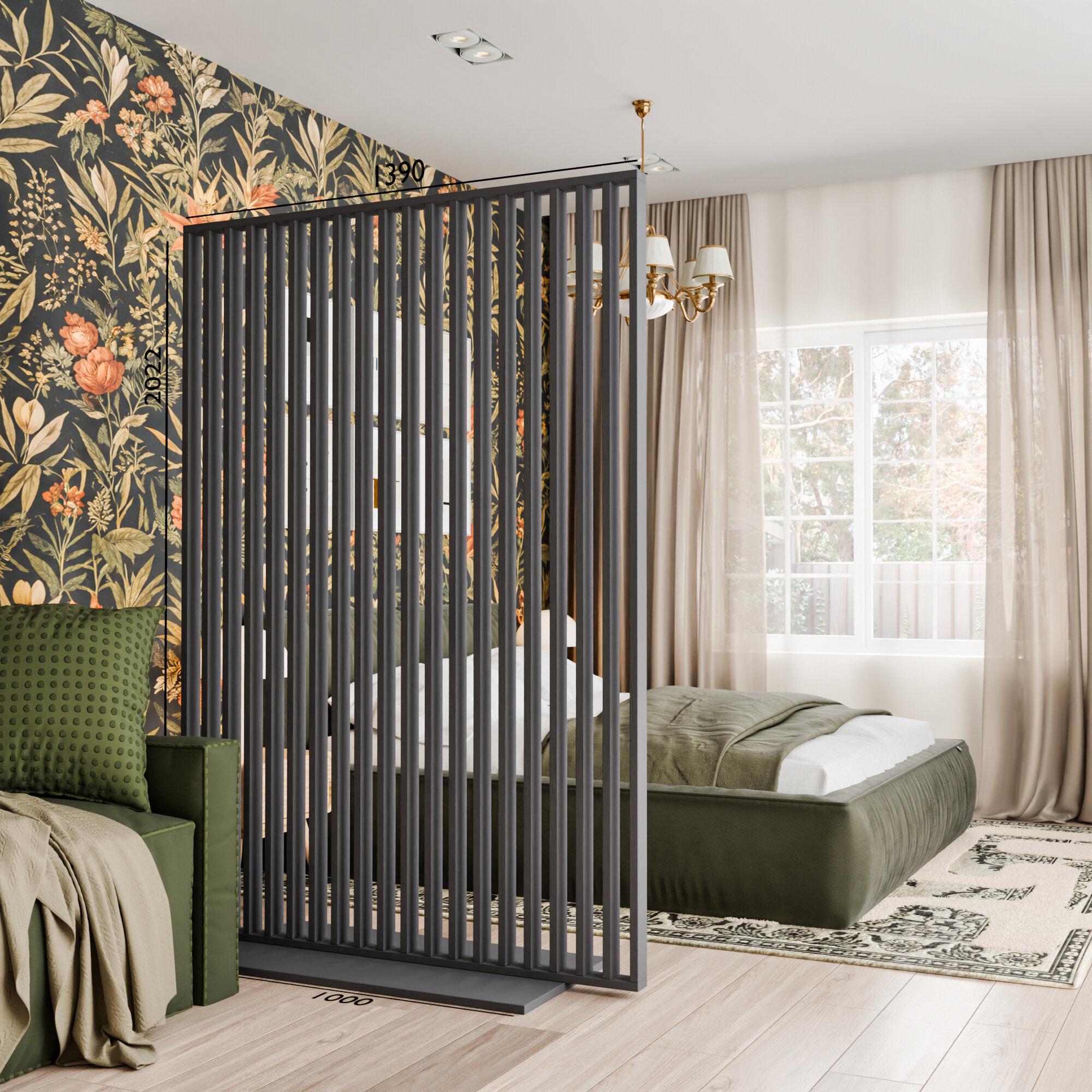 Реечная перегородка ширма для зонирования пространства 1390 мм, Графит