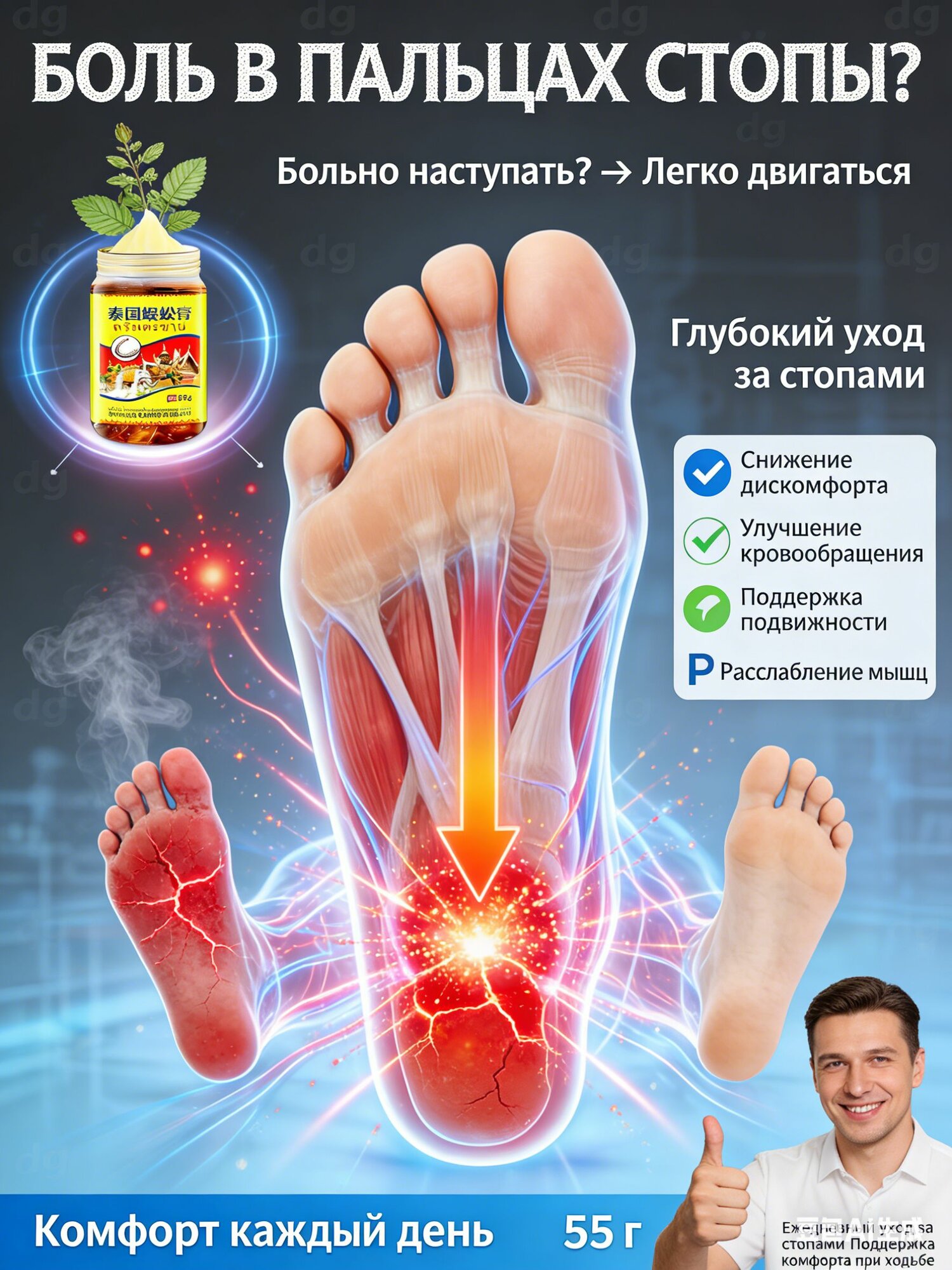 Мазь для пяток 55г крем для стоп для спортсменов уход после тренировок комфорт и восстановление кожи ног