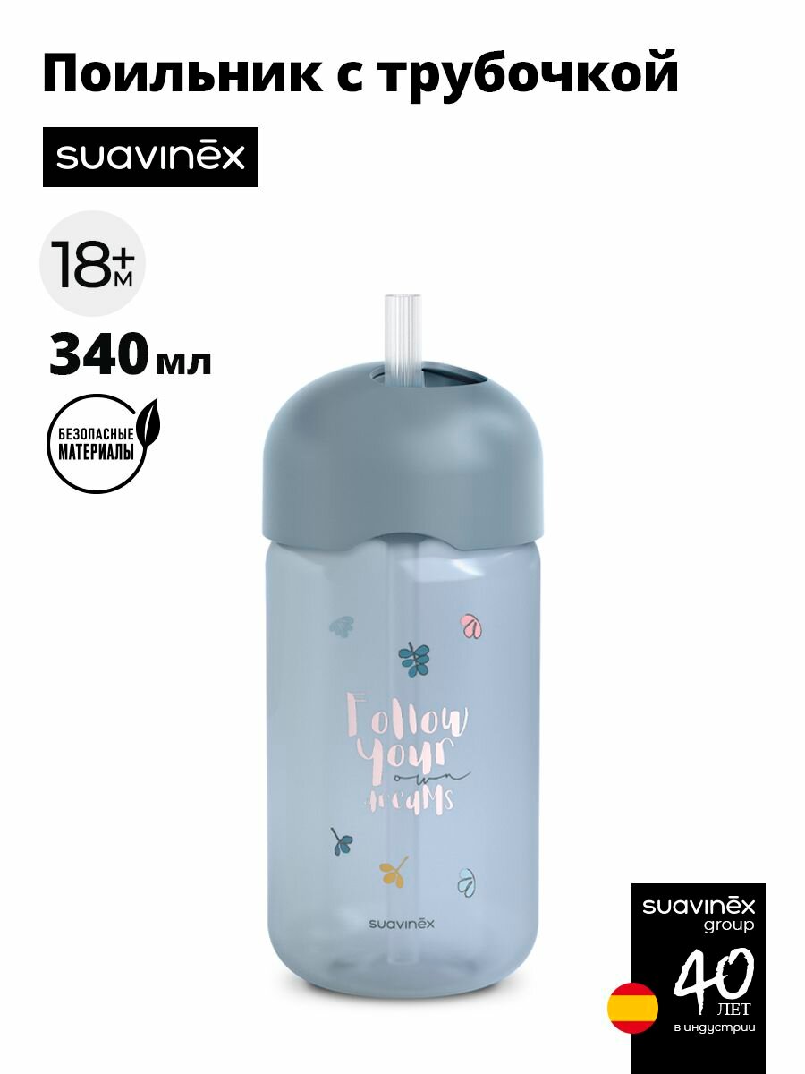 SUAVINEX поильник с трубочкой детский 18+ месяцев, бутылочка для воды 340 мл, поильник непроливайка для ребенка