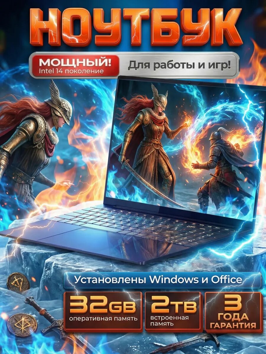 Ноутбук игровой 2026 Intel H-series, RAM 32GB, SSD 2048GB, IPS + Windows, Office